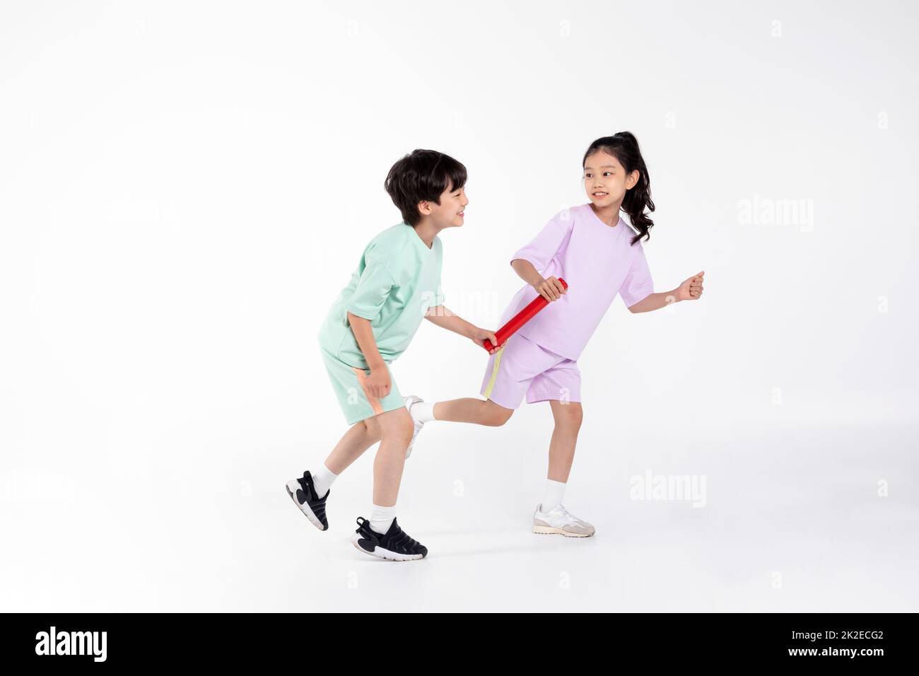 Korean boy and girl fitness and exercise concept in white background ...