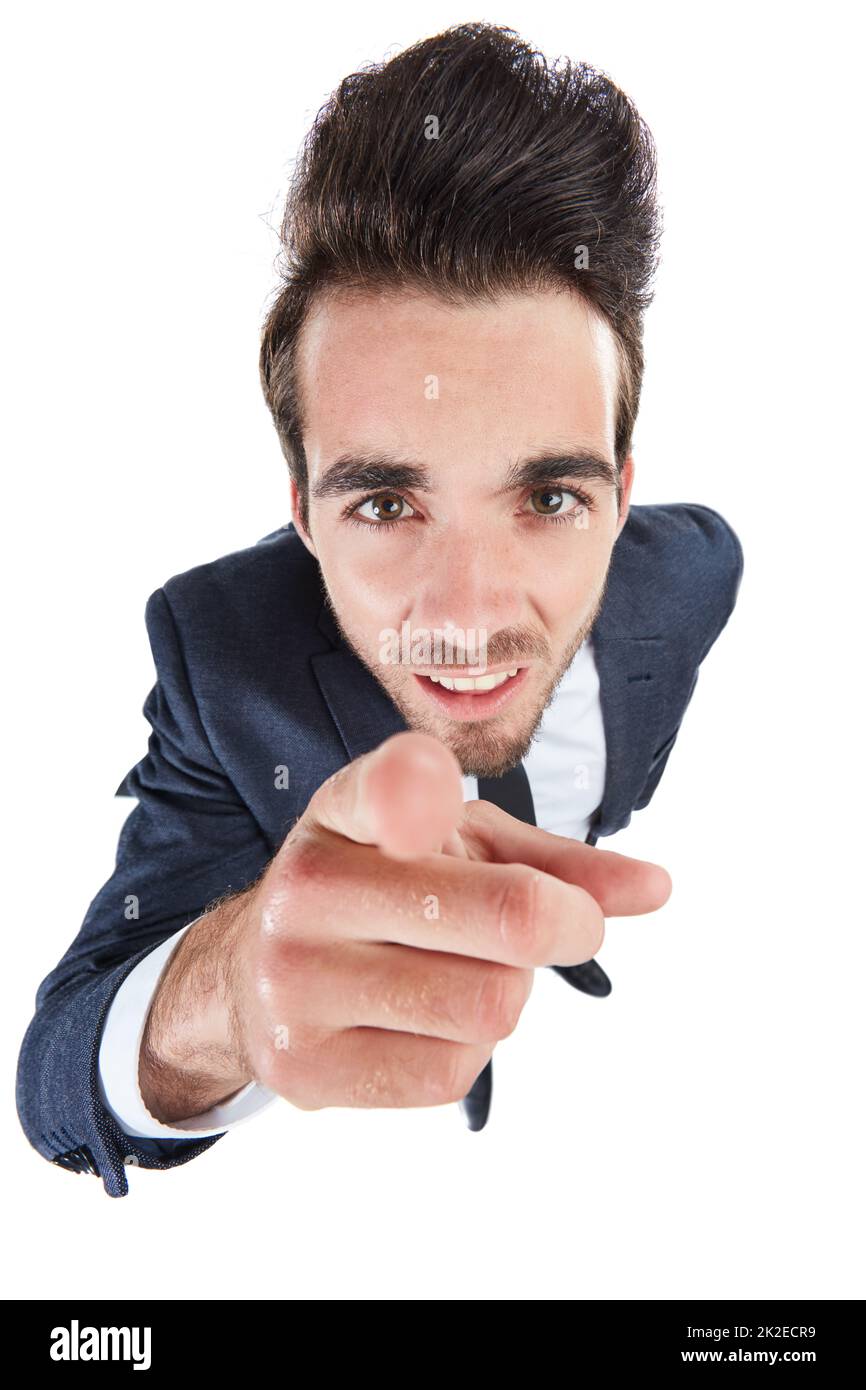 Portrait of a smart guy pointing to something, isolated on white Stock ...