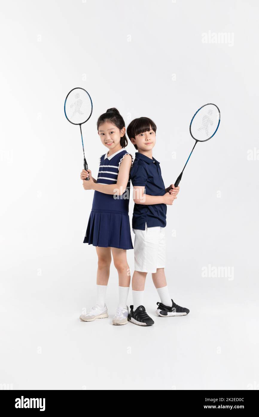 Korean boy and girl fitness and exercise concept in white background ...