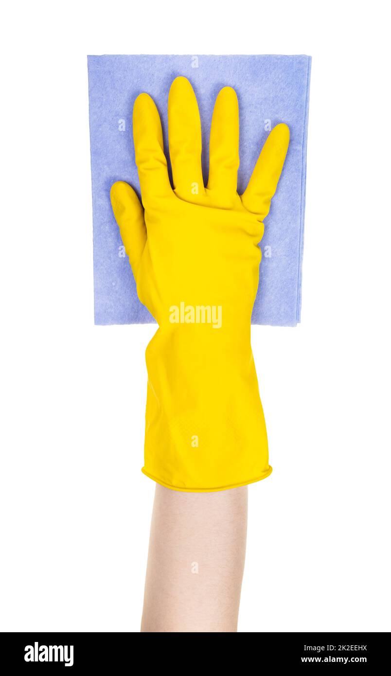 hand in yellow glove holds flat blue rag isolated Stock Photo - Alamy