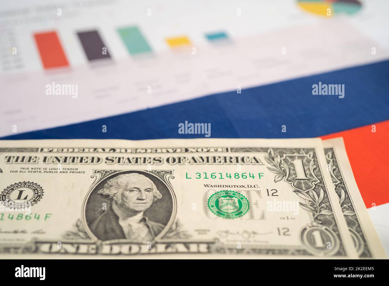 US dollar banknote on Russia flag with graph background, Business and ...