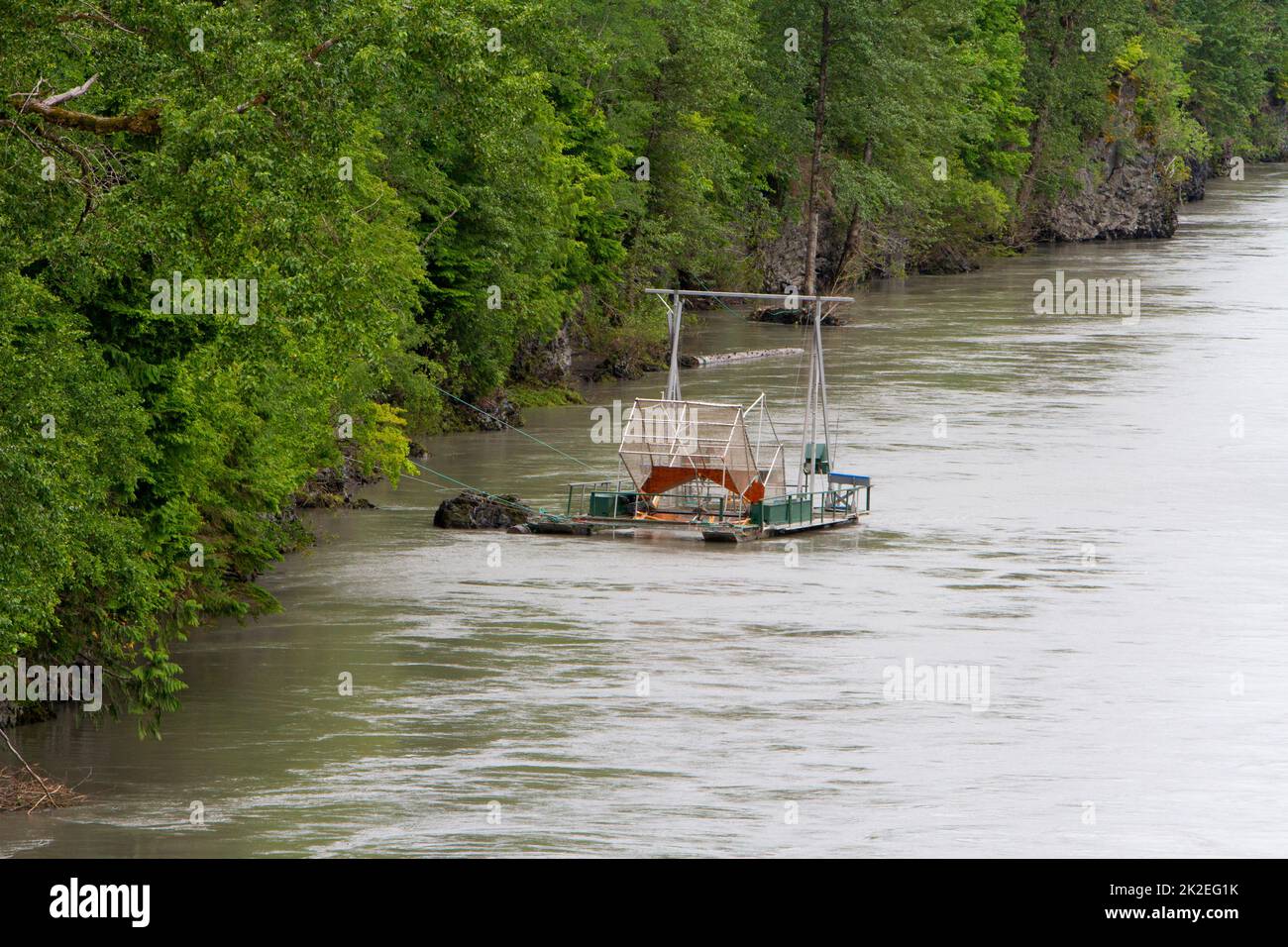 A fish wheel for counting salmon along the Nass River in northern ...
