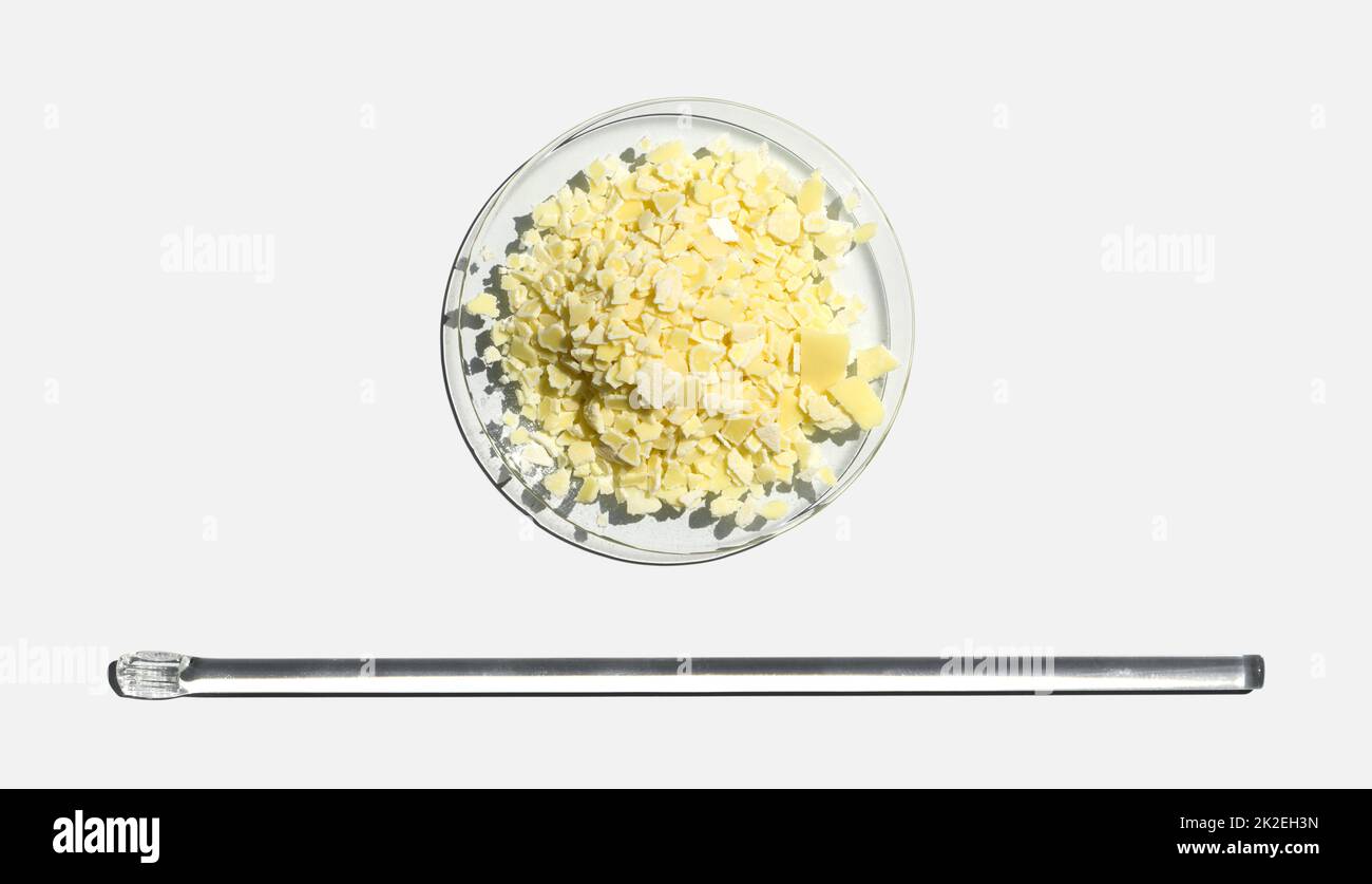 Closeup chemical ingredient on white laboratory table. Sodium sulfide ...