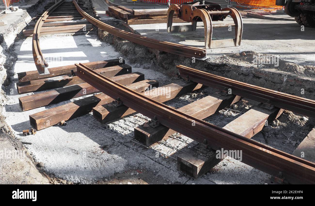 tramway rails construction work Stock Photo - Alamy