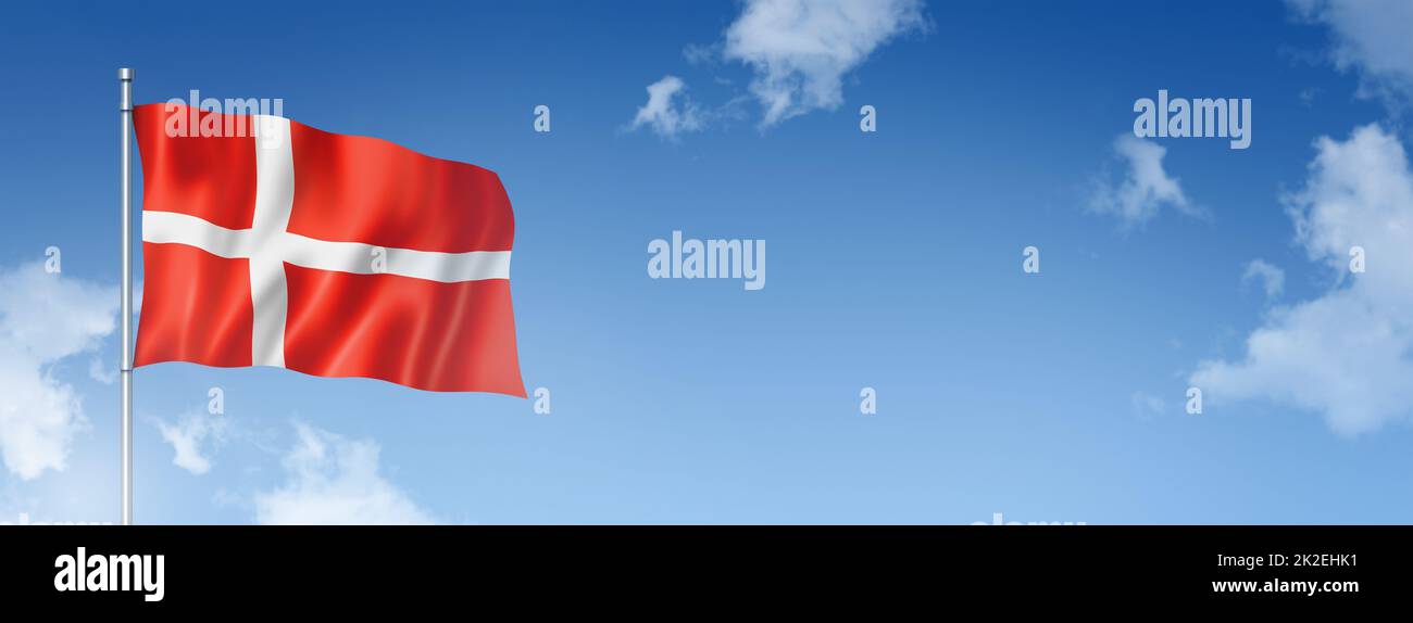 Danish flag isolated on a blue sky. Horizontal banner Stock Photo - Alamy