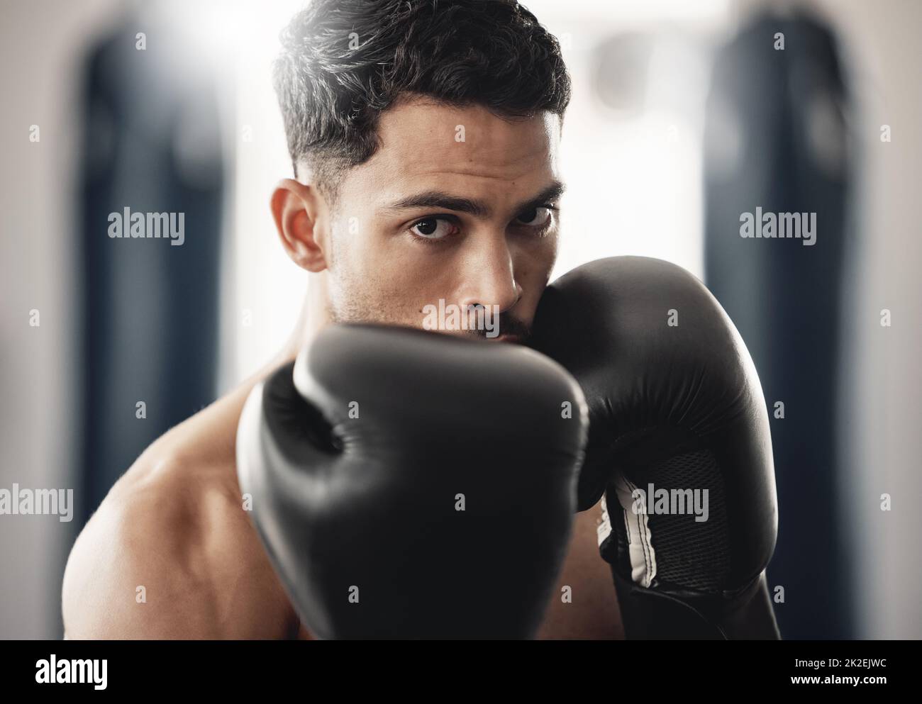 Fitness portrait of man boxer ready to punch during mma, boxing or ...