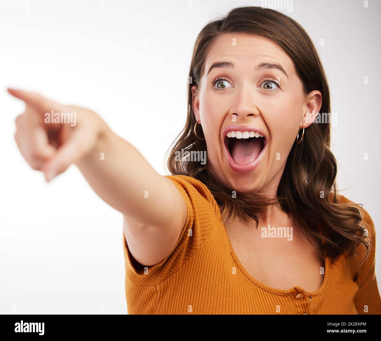 Whos fault was it. Studio shot of a young woman pointing in a direction ...