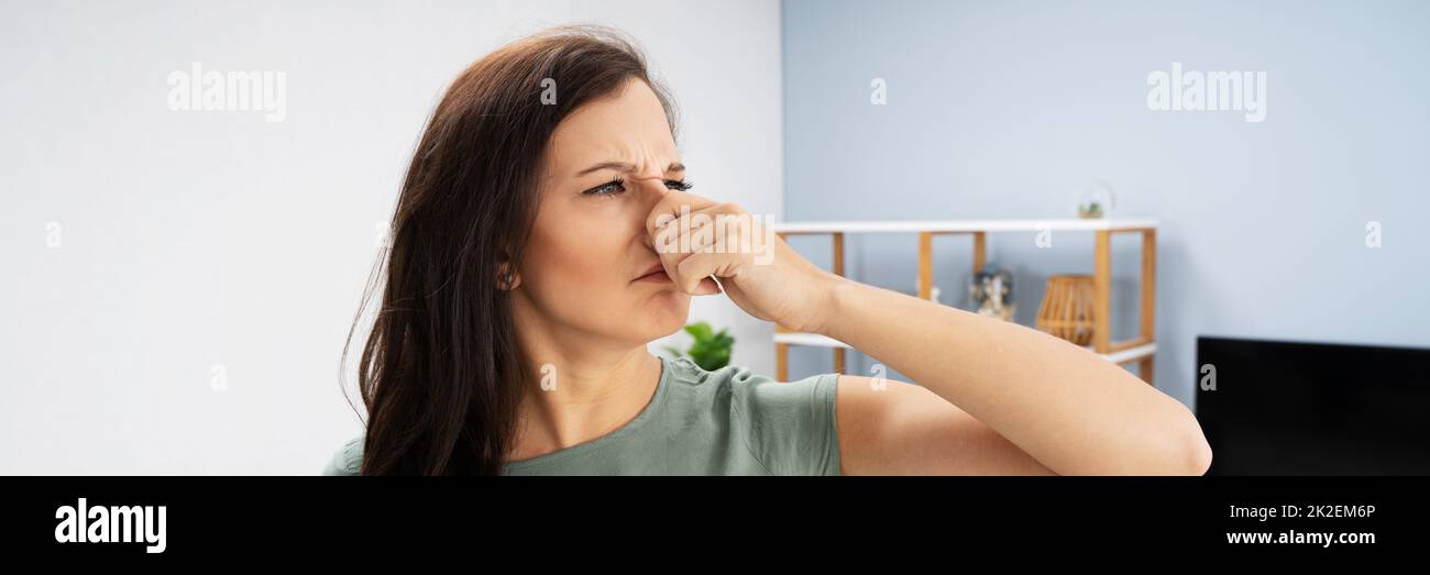 Woman holding nose bad smell hi-res stock photography and images - Alamy