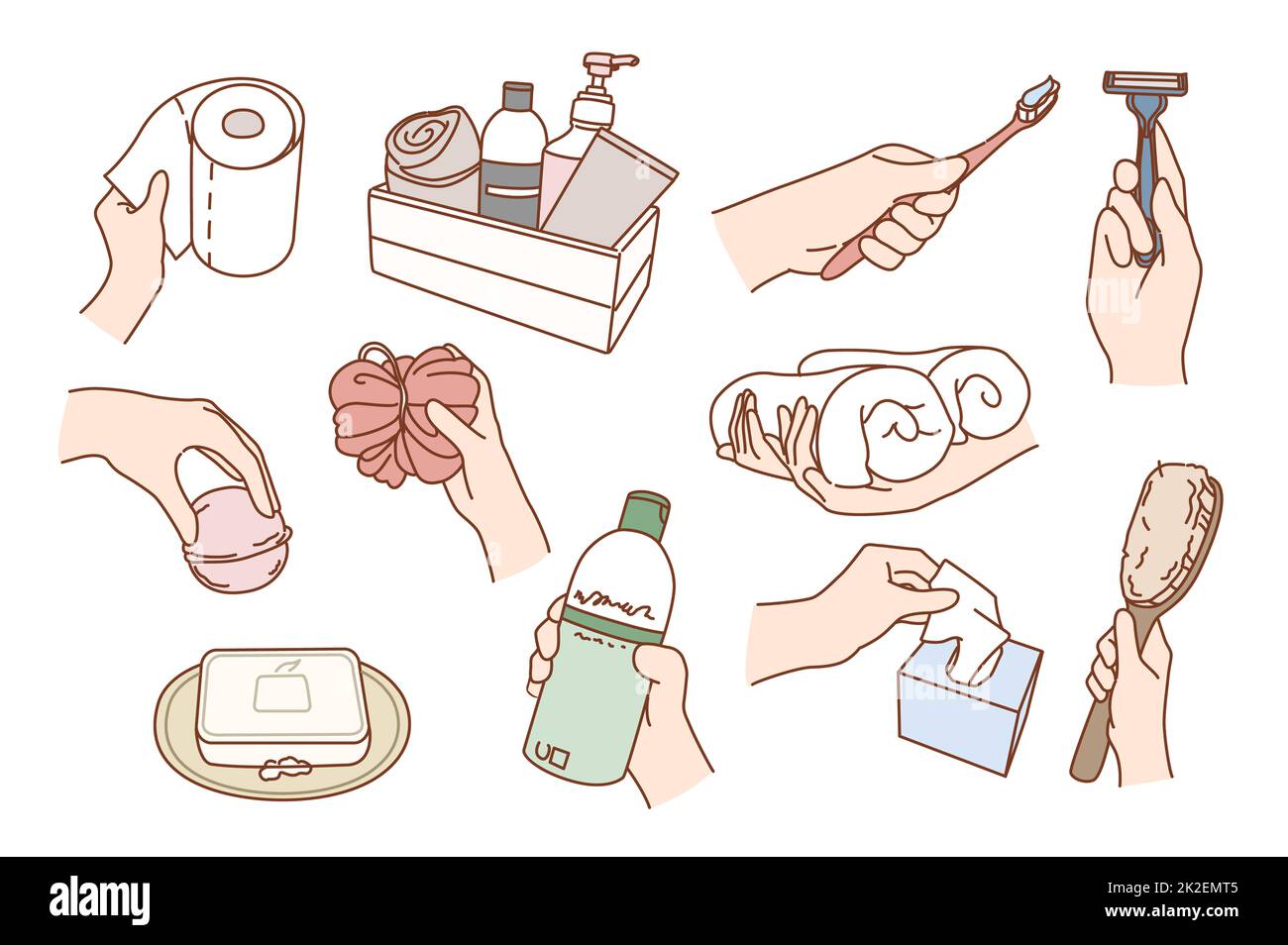 Set of people with bath products do morning hygiene Stock Photo - Alamy