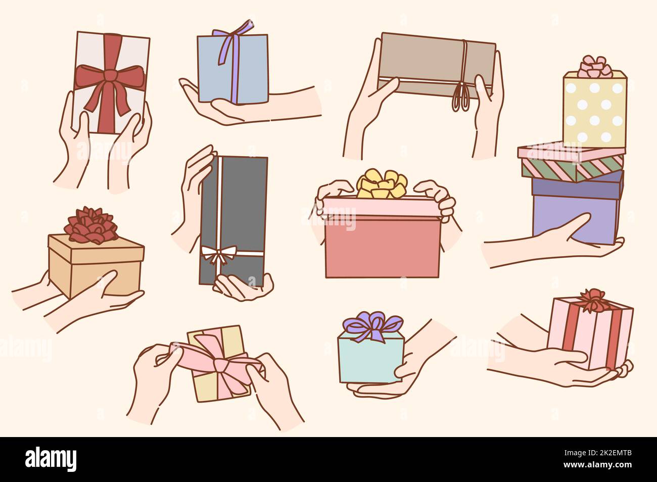 Set of people hold gift boxes congratulate with birthday Stock Photo ...