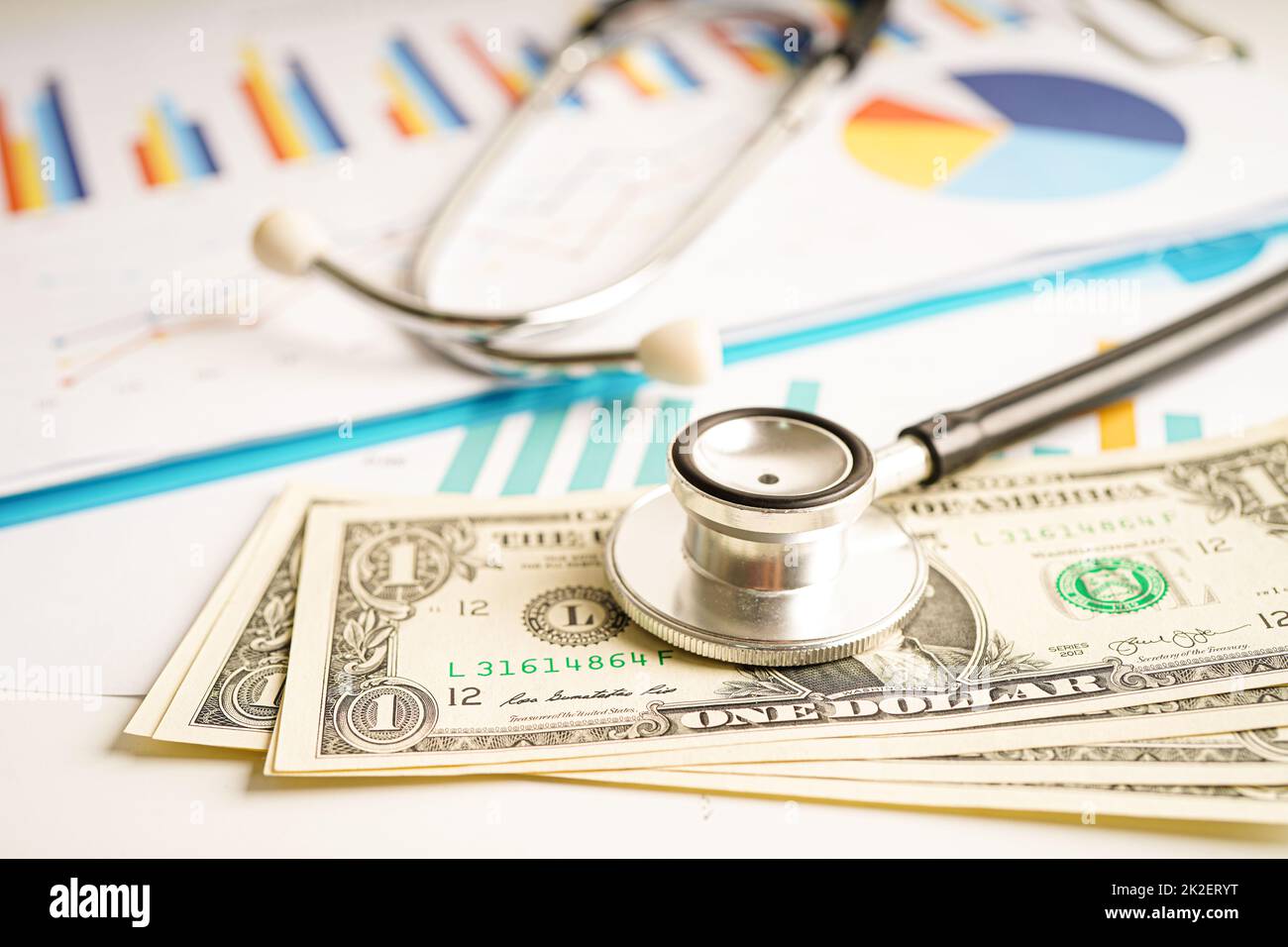 Stethoscope and US dollar banknotes on chart or graph paper, Financial ...