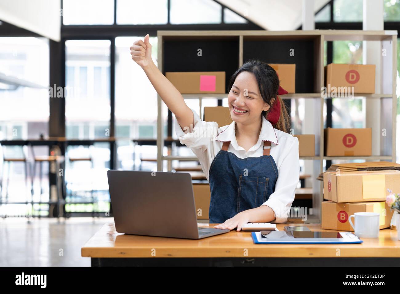 Happy successful SME entrepreneur with arms up, Home office, Business ...