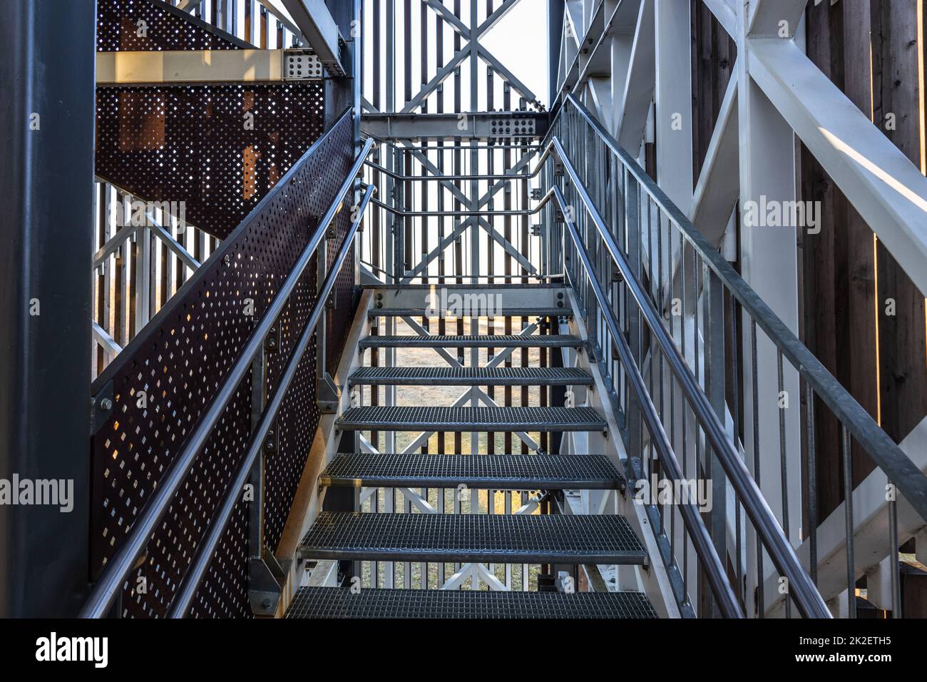 Steel construction with stainless metal railing and fall protection ...