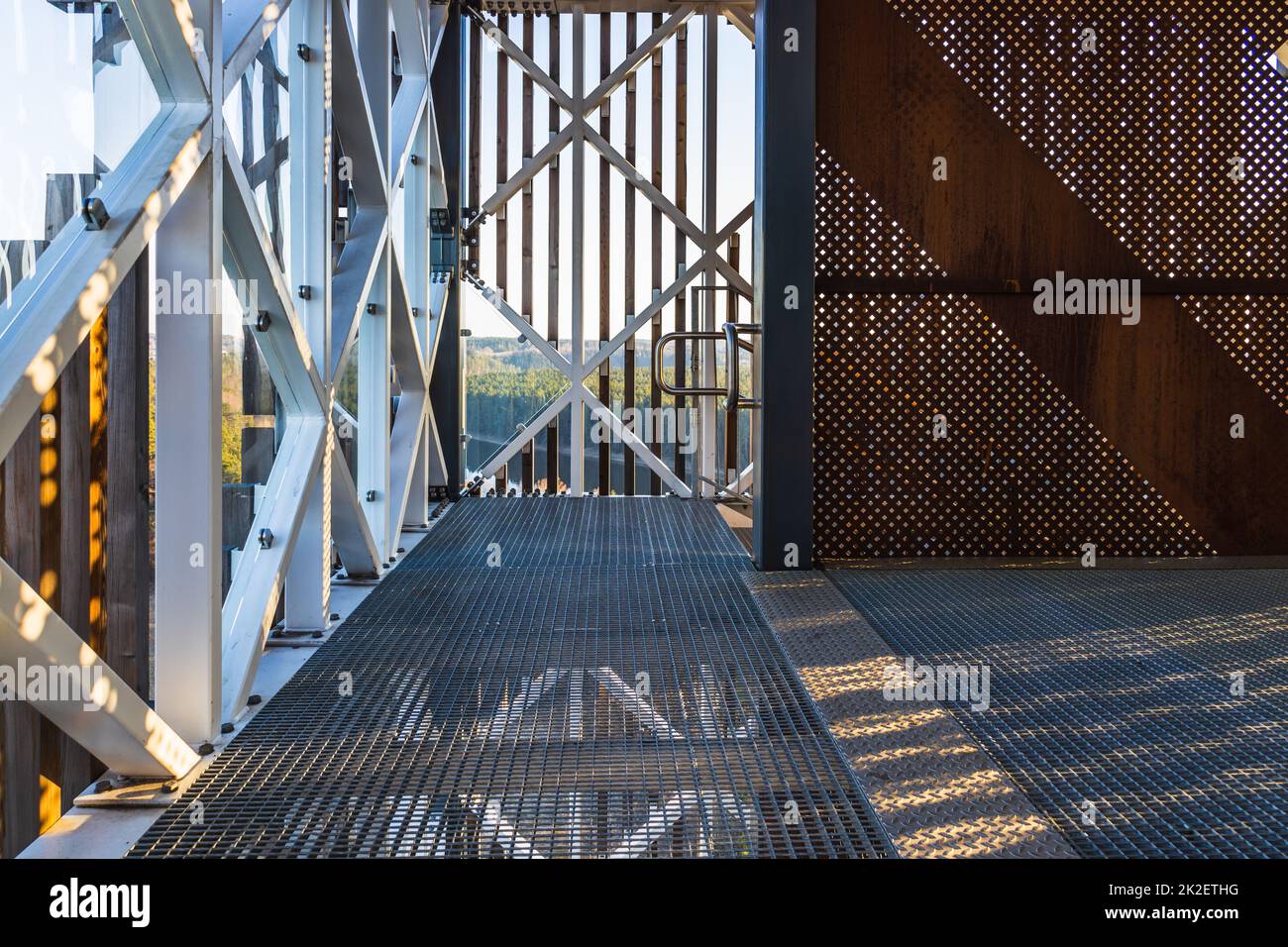 Steel construction with stainless metal railing and fall protection ...