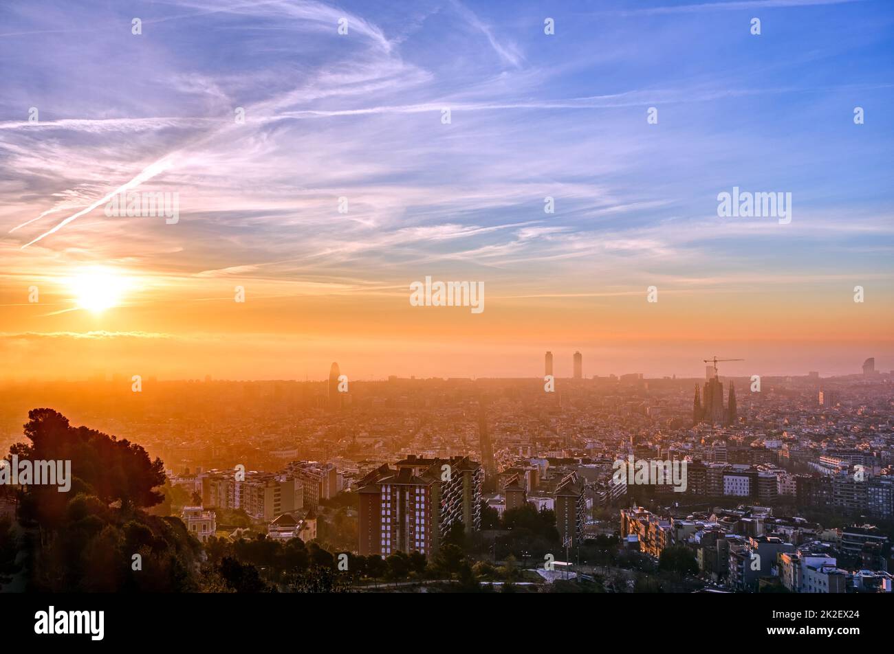 The skyline of Barcelona in Spain at a misty sunrise Stock Photo - Alamy