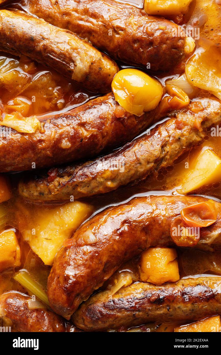 rustic english sausage casserole comfort food background Stock Photo ...