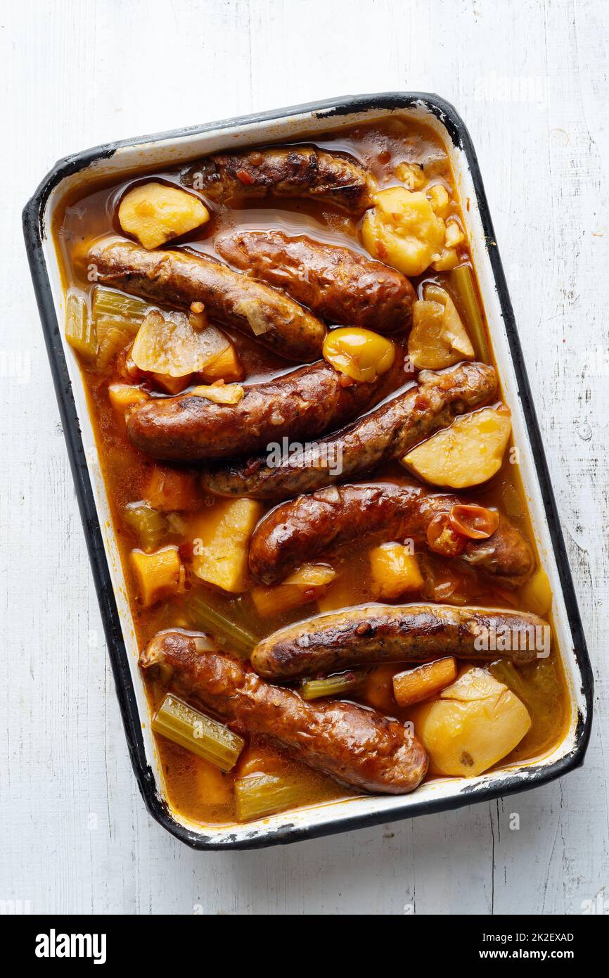 rustic english sausage casserole comfort food Stock Photo - Alamy