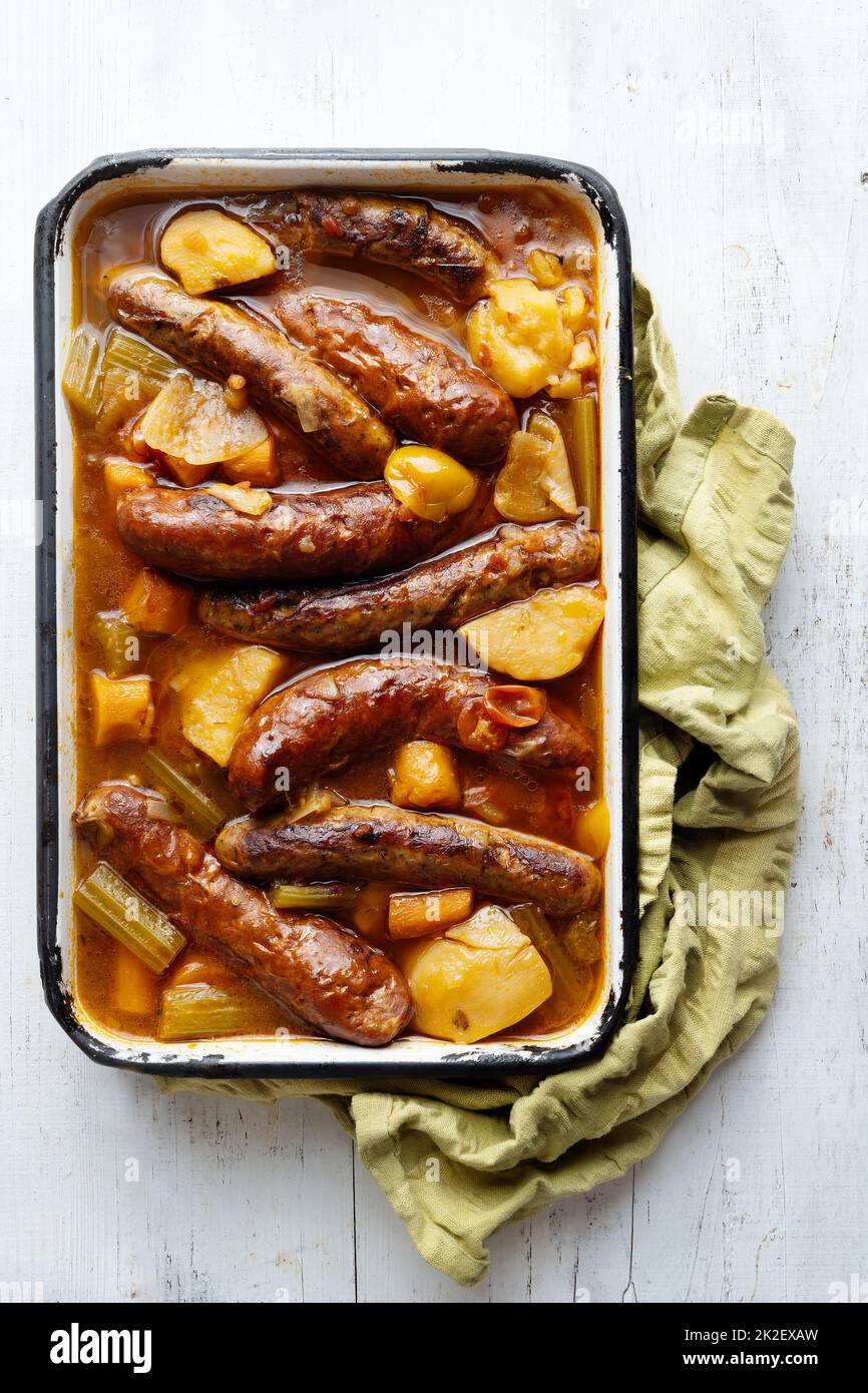 rustic english sausage casserole comfort food Stock Photo - Alamy