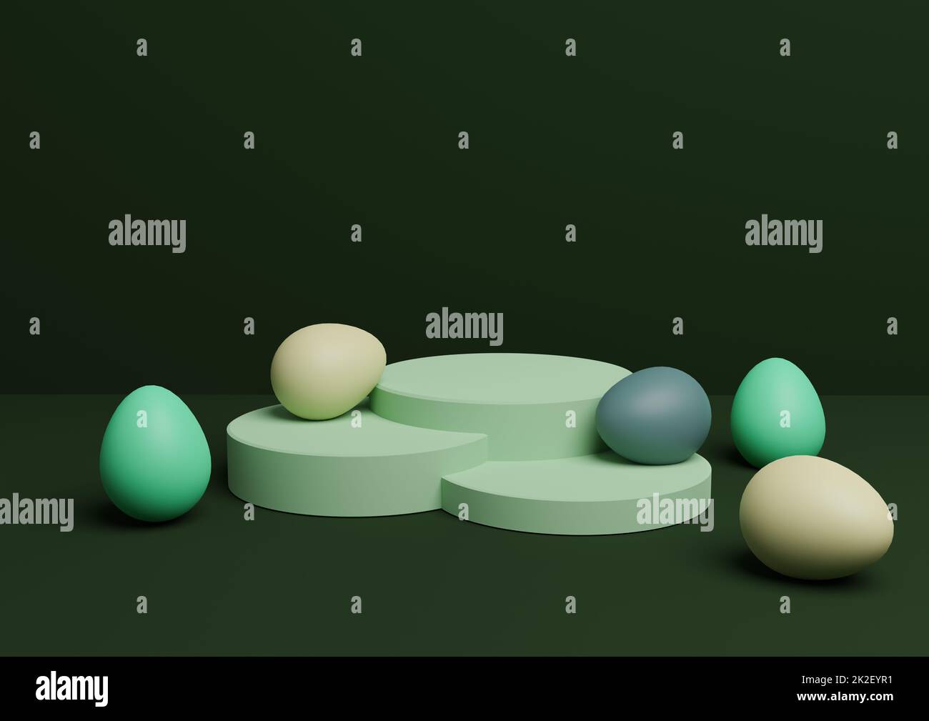 Dark, warm green 3D rendering of Easter themed product display podium or stand composition with ...