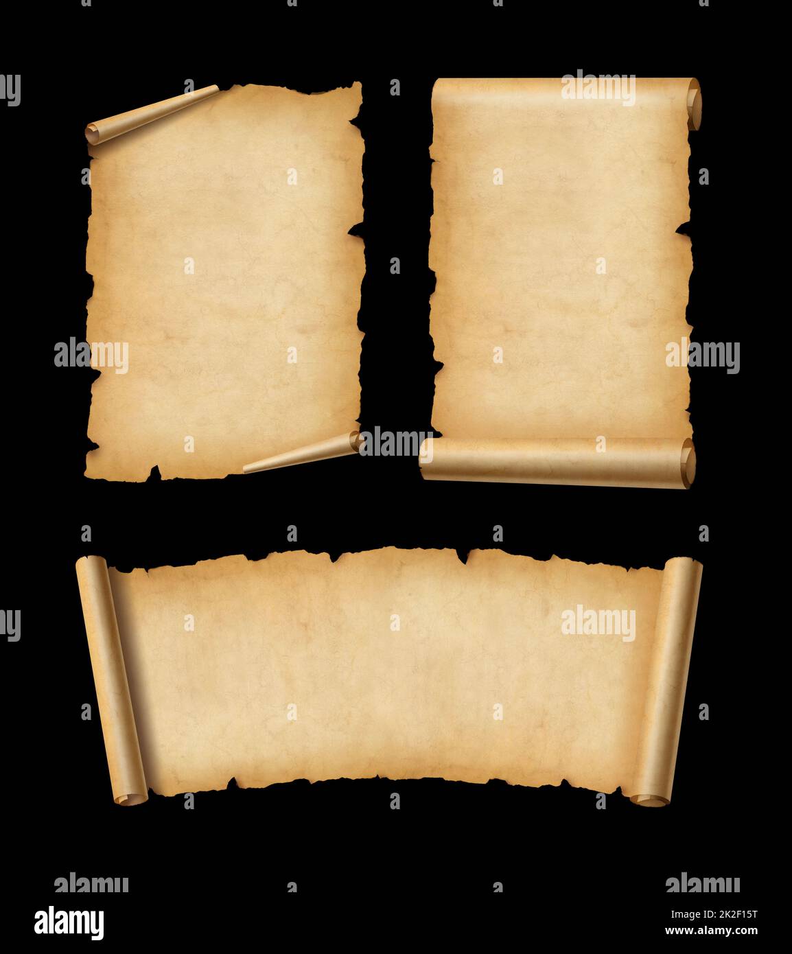 Old Parchment paper scroll set isolated on black. Horizontal and ...