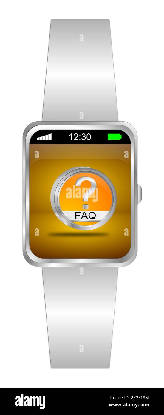 Smartwatch with orange FAQ Button - 3D illustration Stock Photo - Alamy