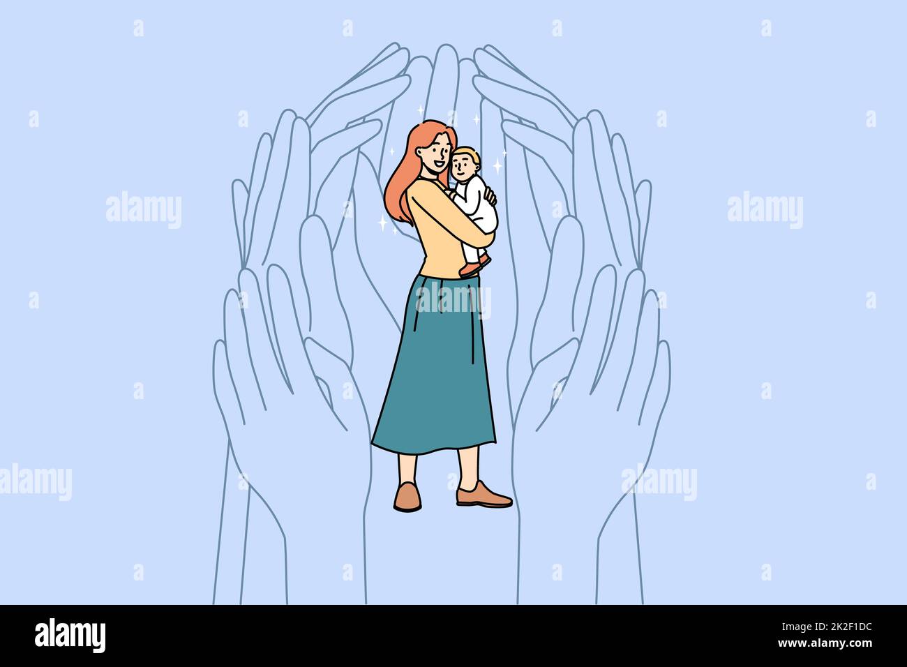 Huge hands protect single mom holding baby Stock Photo - Alamy