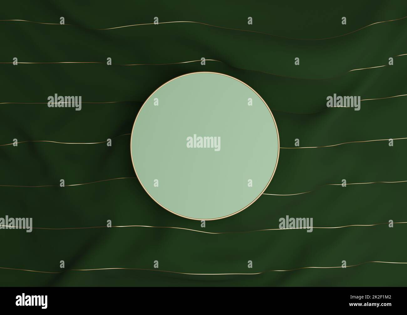 Dark, warm green 3D rendering luxury product display podium or stand on textile with golden ...
