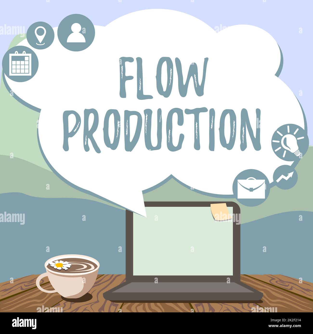 Text caption presenting Flow Production. Word for items are produced ...