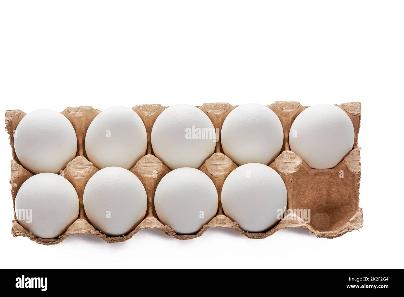 Nine white eggs on a cardboard stand on a white isolated background ...