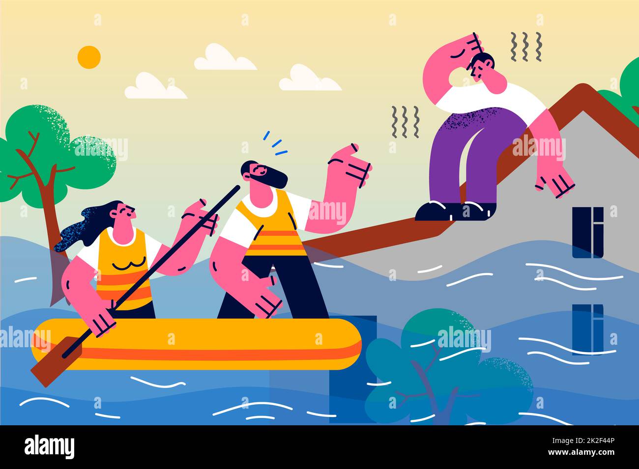 Rescuers in boat help people suffering from flooding. Volunteers or ...