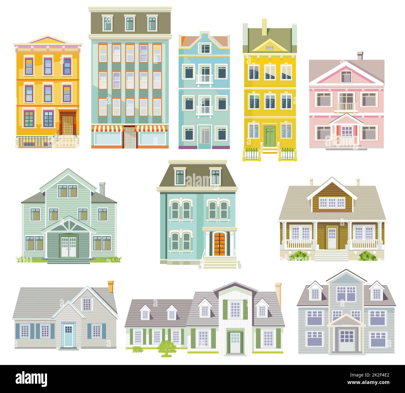 Set of houses and apartment buildings, country houses, wooden houses ...