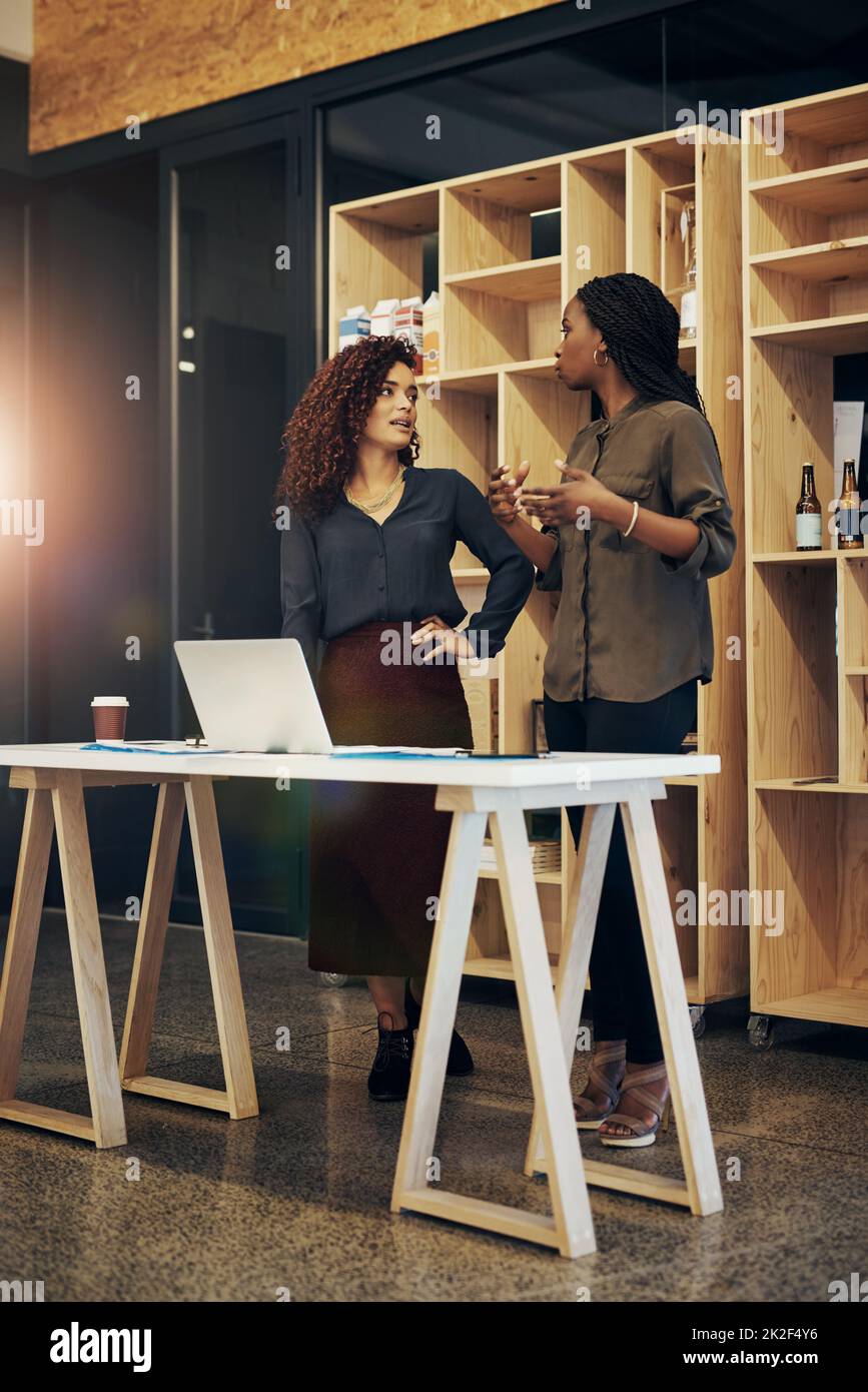 Making informed decisions. Shot of two businesswomen having a discussion at the office Stock ...