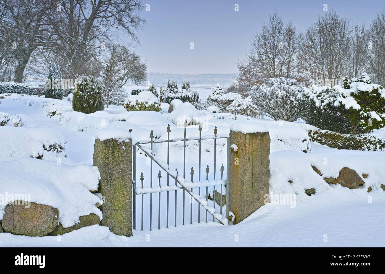 Garden awaiting Spring. A garden gate covered in snow in a wintry ...