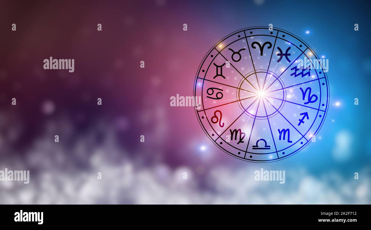 Zodiac signs inside of horoscope circle. Astrology in the sky with many ...