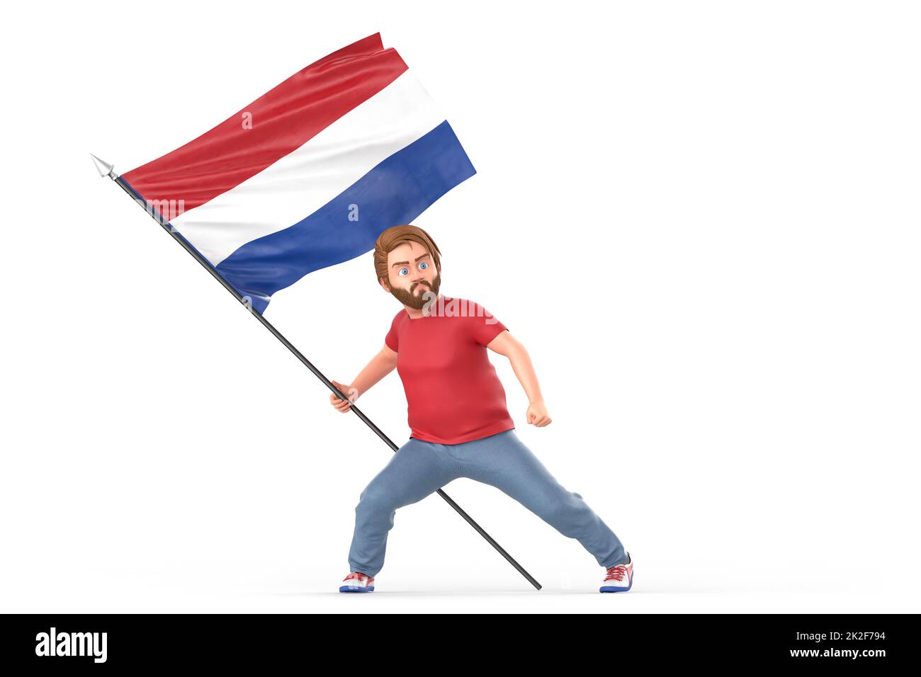 Man proudly holding waving flag of Netherlands. Isolated on white ...