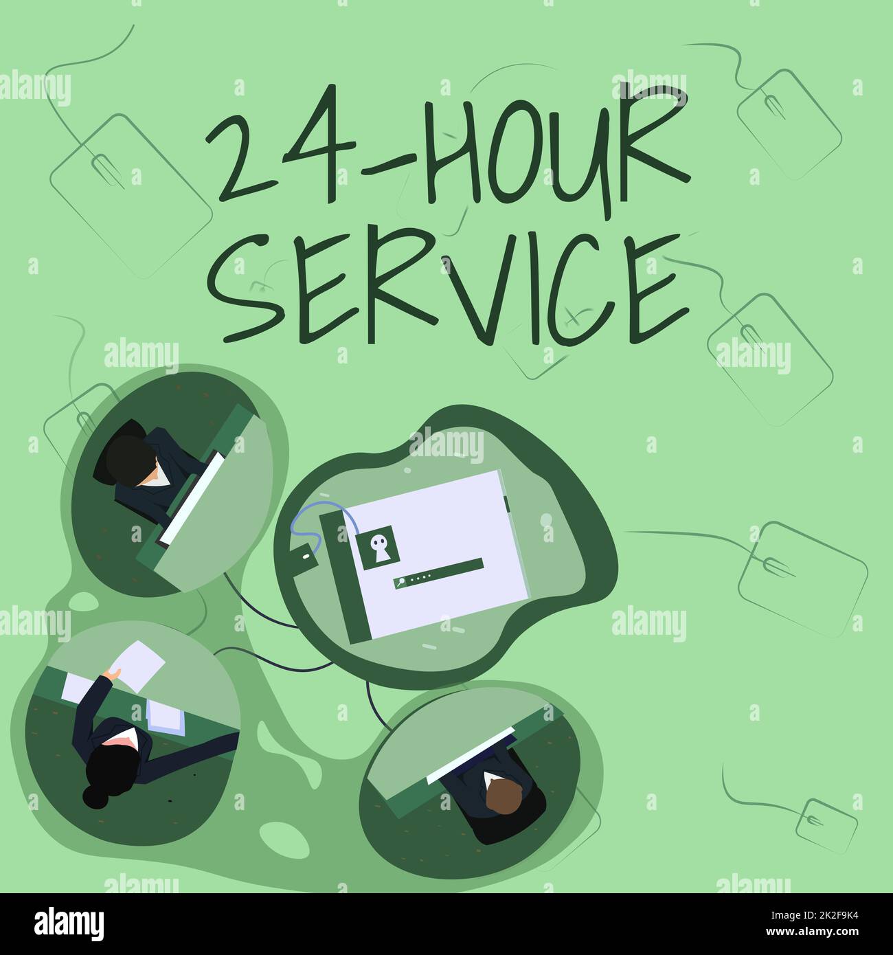 Text caption presenting 24 Hour Service. Word Written on service that ...