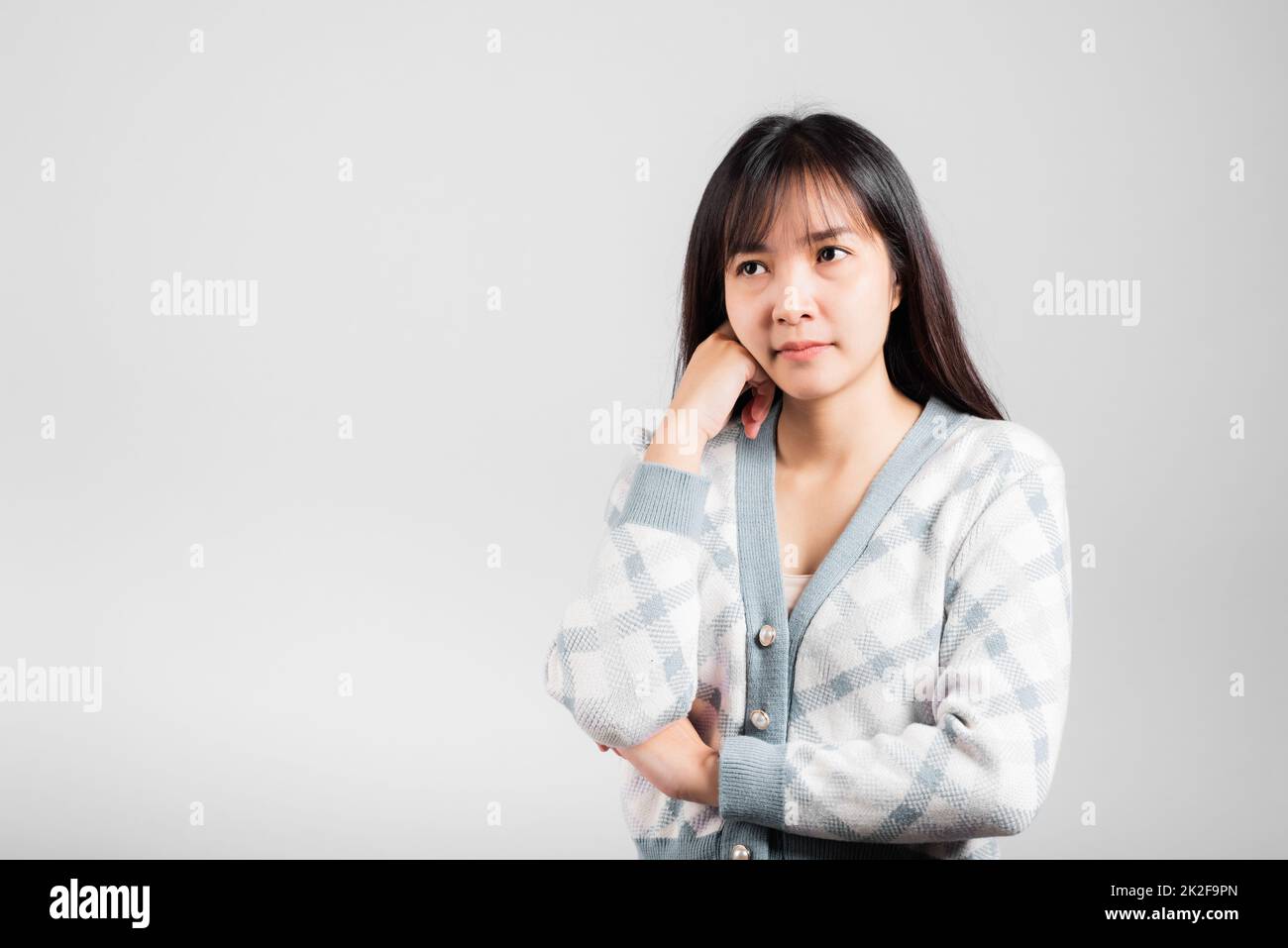 Happy woman hand touch chin handle relaxed thinking about something ...