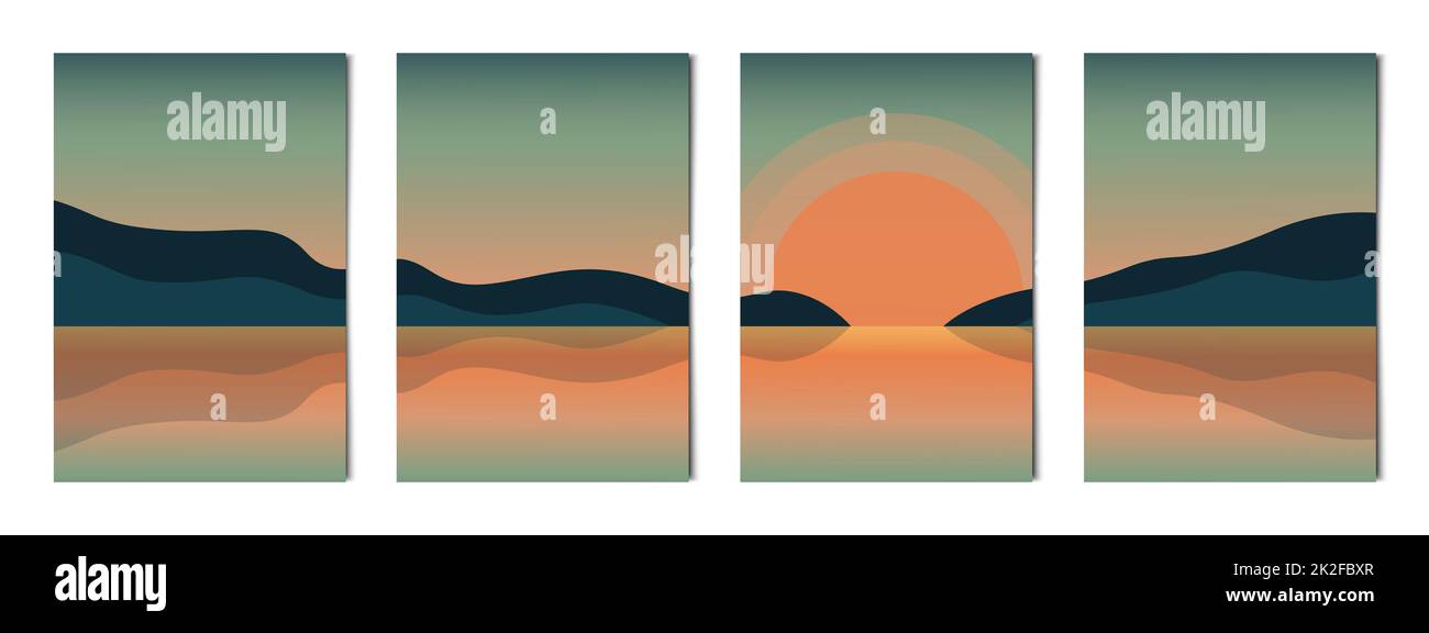 Set of 4 night scenery of mountains and lake - Vector Stock Photo - Alamy