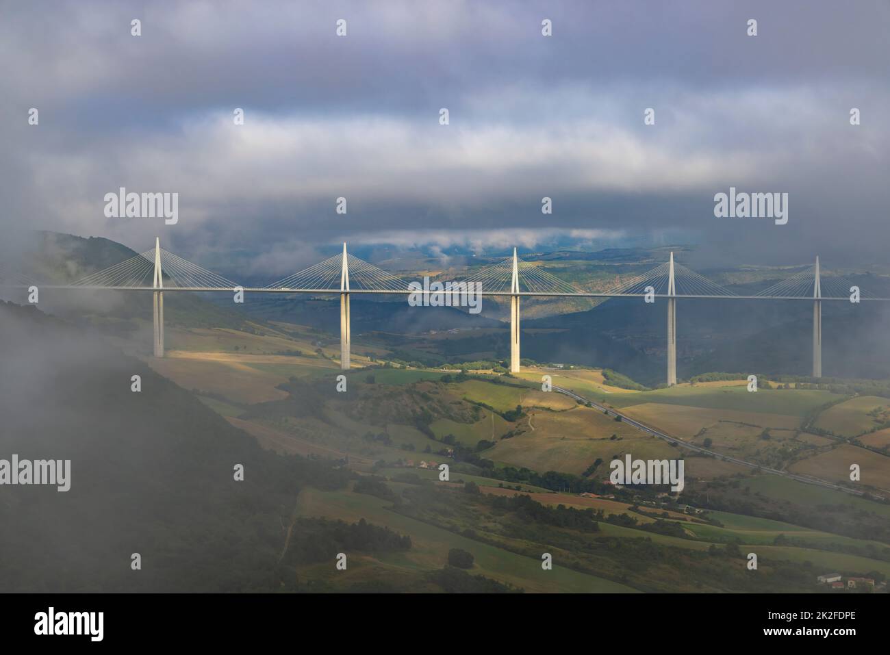 Multi-span cable stayed Millau Viaduct across gorge valley of Tarn ...
