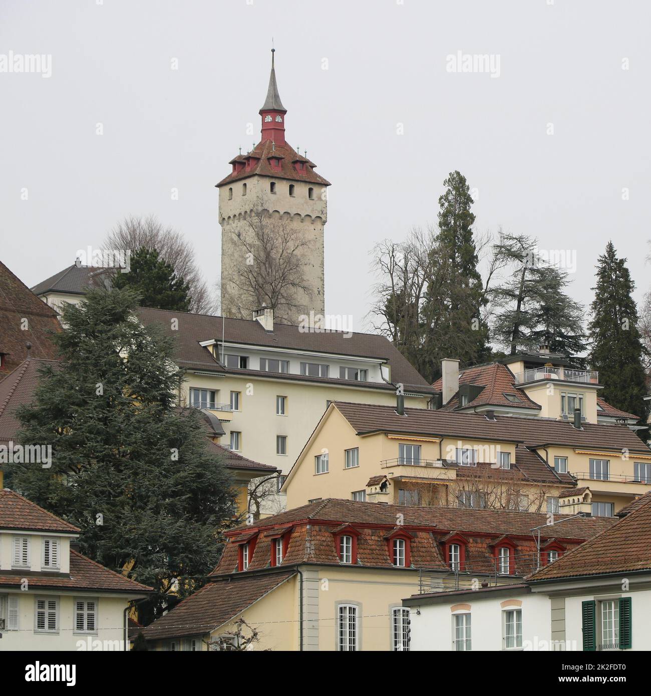 Roofs of houses in Lucerne and Wachtturm, historic tower Stock Photo ...