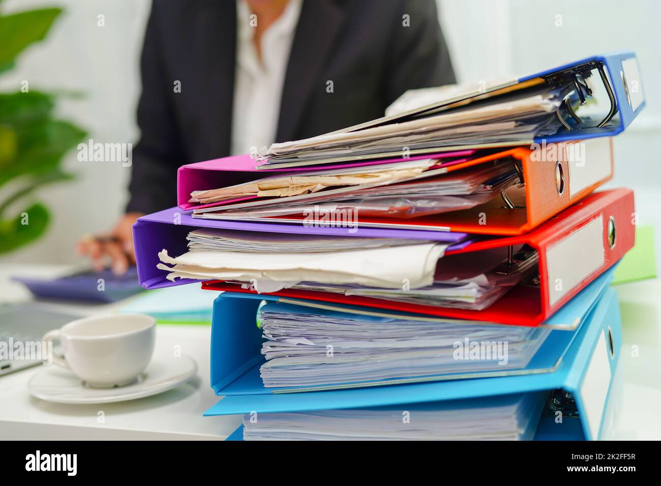 Stack of binder file folder on table in business modern office..on ...