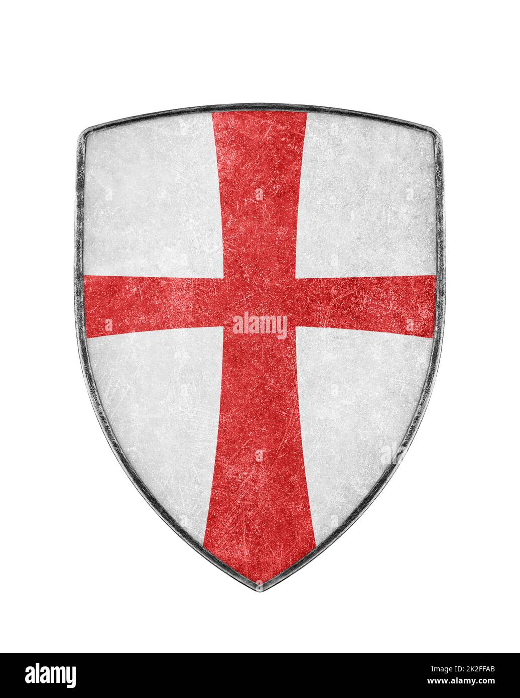 Old metal crusaders shield with red cross isolated on white background ...