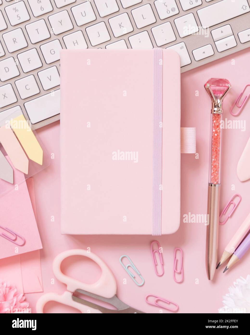 Notebook, Pink school girly accessories and keyboard on pastel pink Top ...