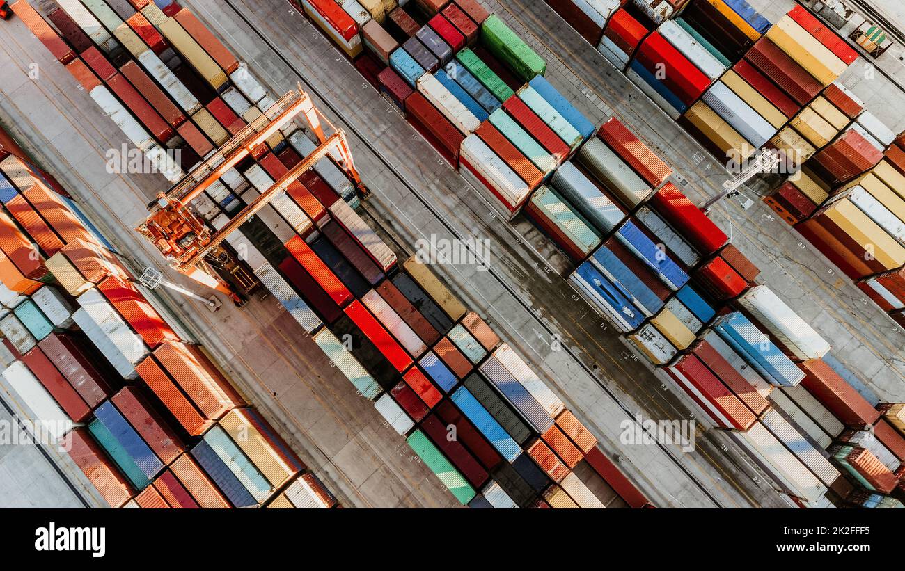 Aerial view of shipping container port terminal. Colourful pattern of ...
