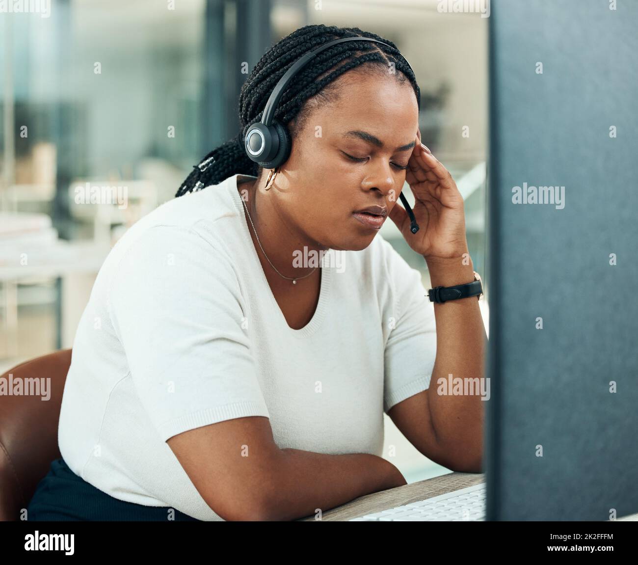 Stress, headache and black woman with call center computer in contact ...