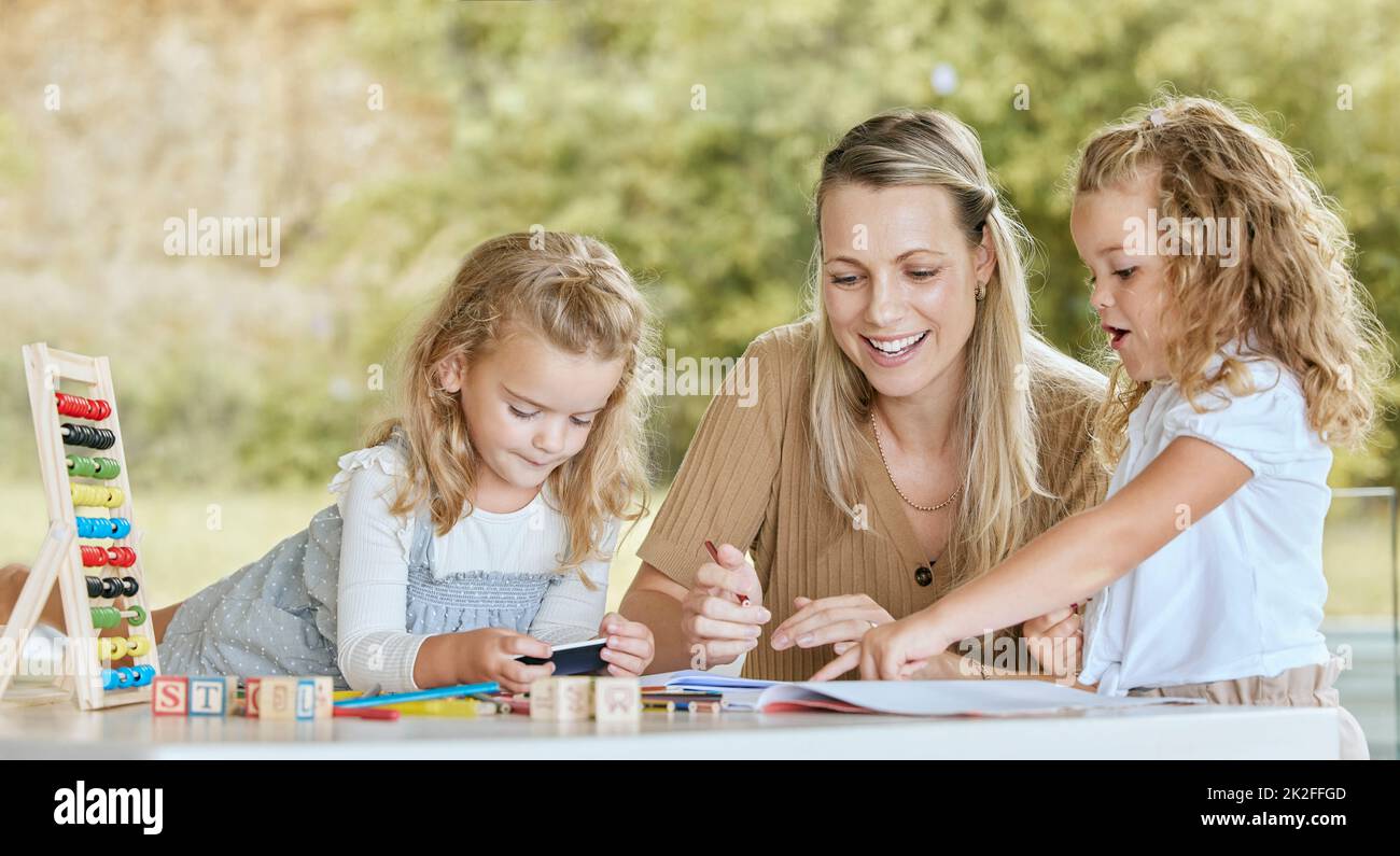 Kindergarten math and mother helping children with home work, test or ...