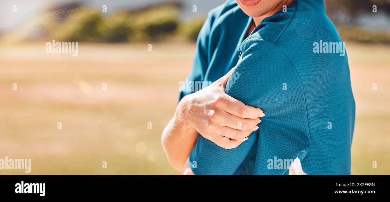 Sports field, athlete arm injury and muscle pain from accident ...
