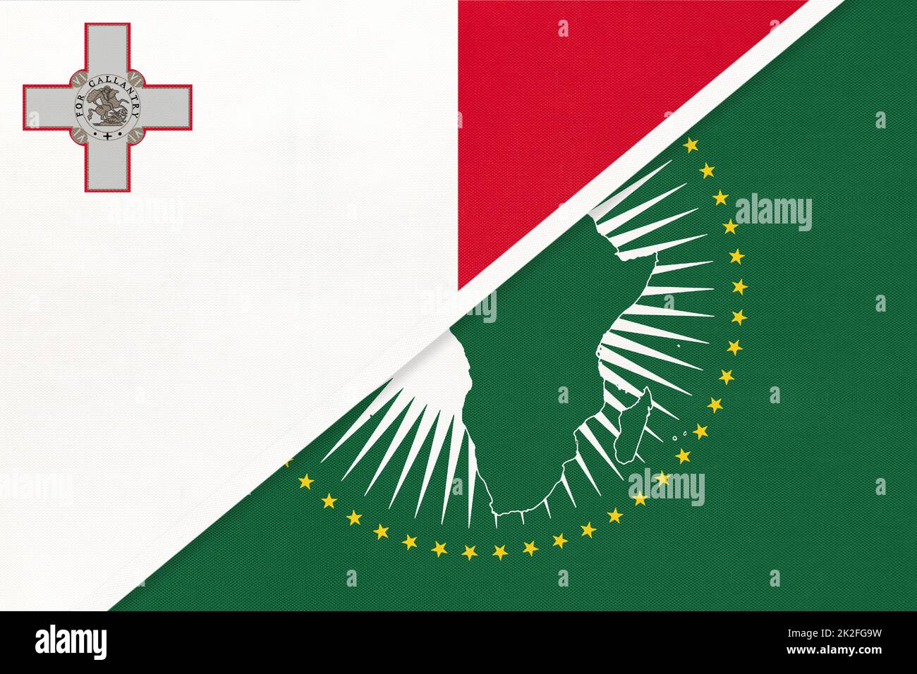 African Union and Malta national flag from textile. Africa continent vs ...