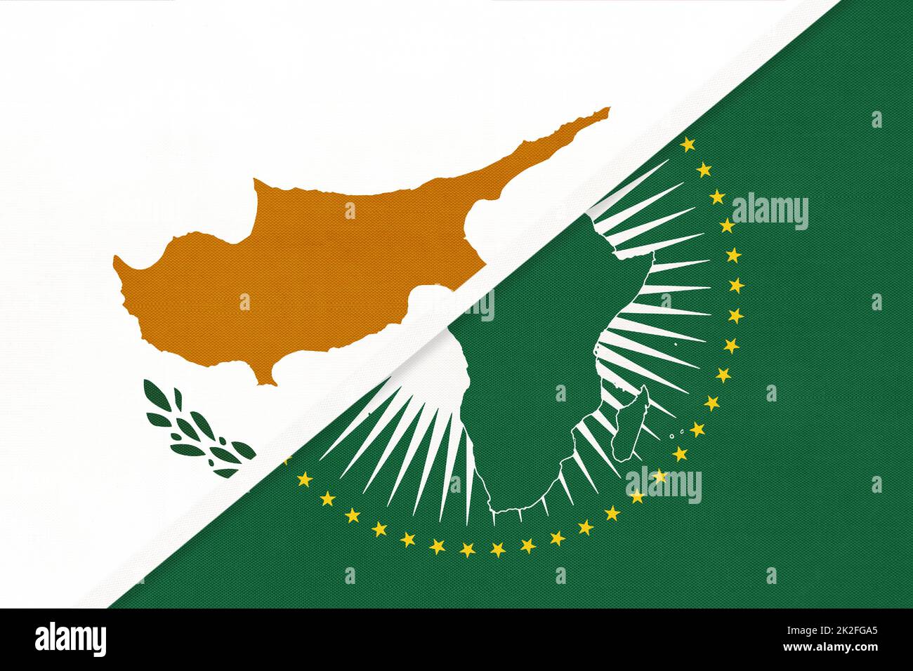 African Union and Cyprus, national flag from textile. Africa continent ...
