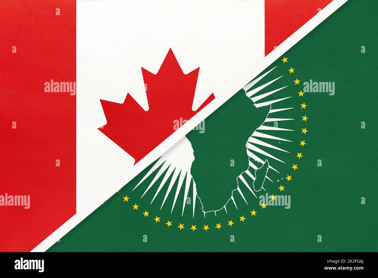 African Union and Canada, national flag from textile. Africa continent ...